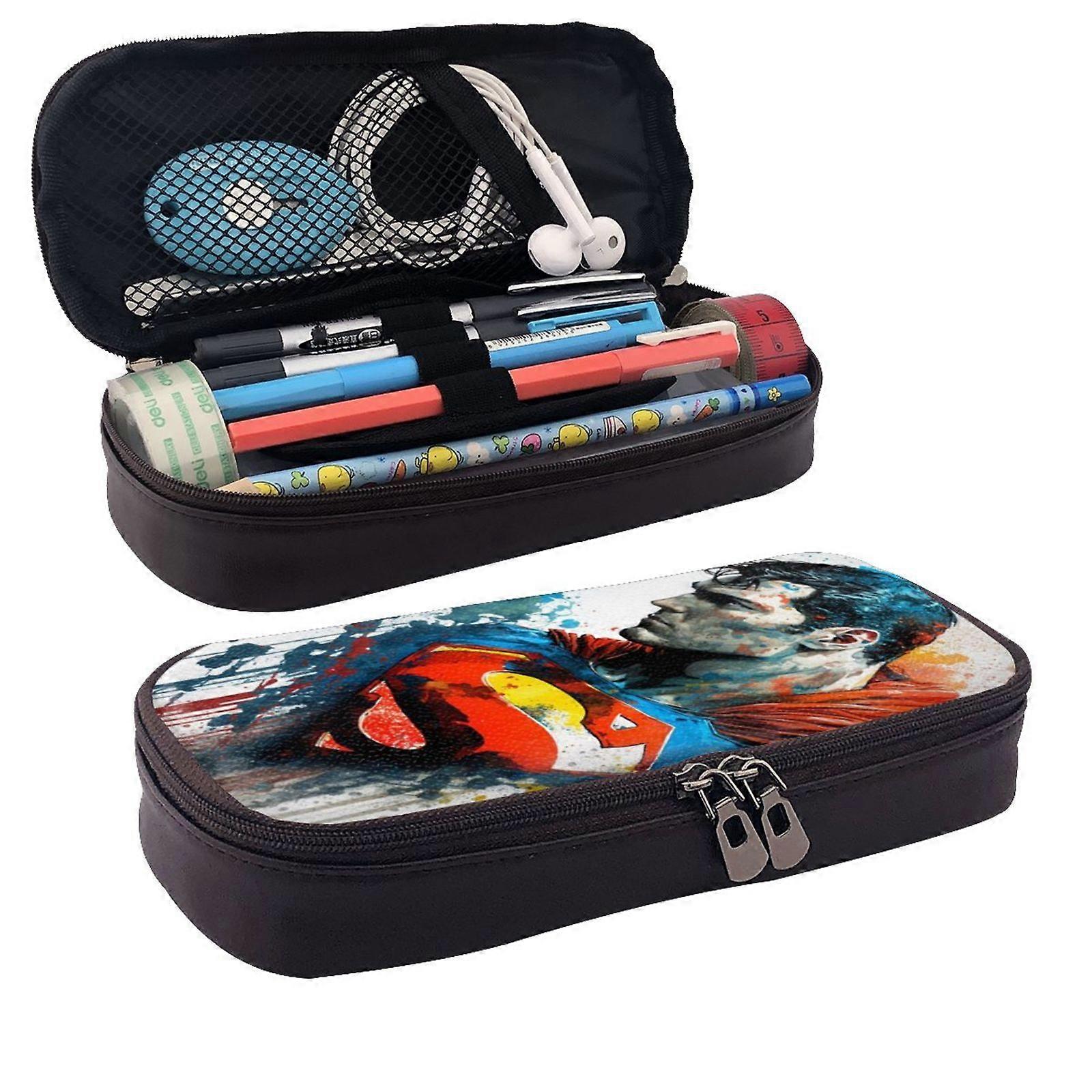 h197 Superman Pencil Case Spacious Brown Leather Zip Pouch with ...