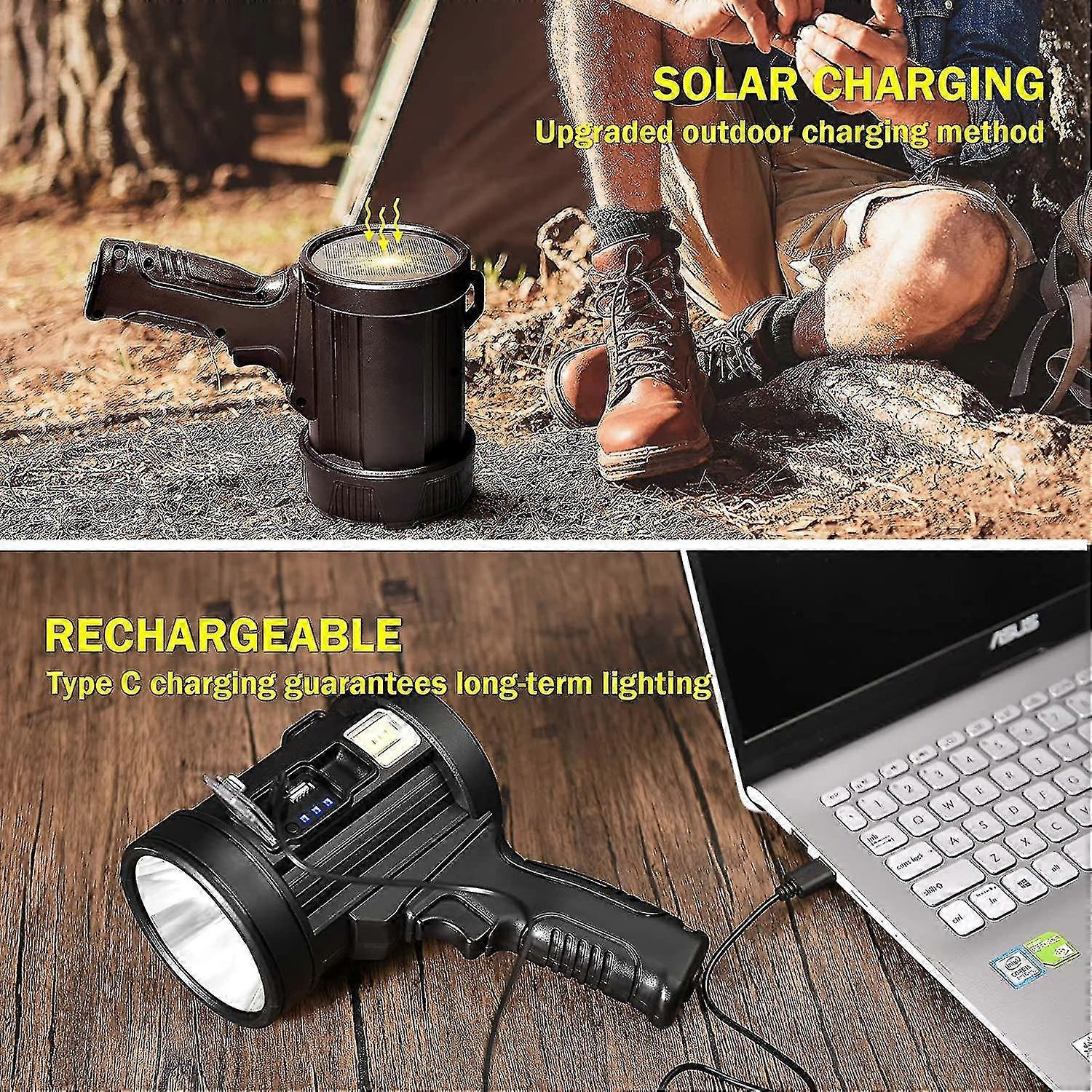 Rechargeable Spotlight Torch, 9000 Lumens Super Bright Flashlight, High ...