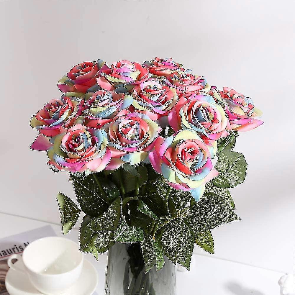 12 Pack Artificial Rainbow Flowers, Rainbow Roses Bouquet Fake Rainbow ...