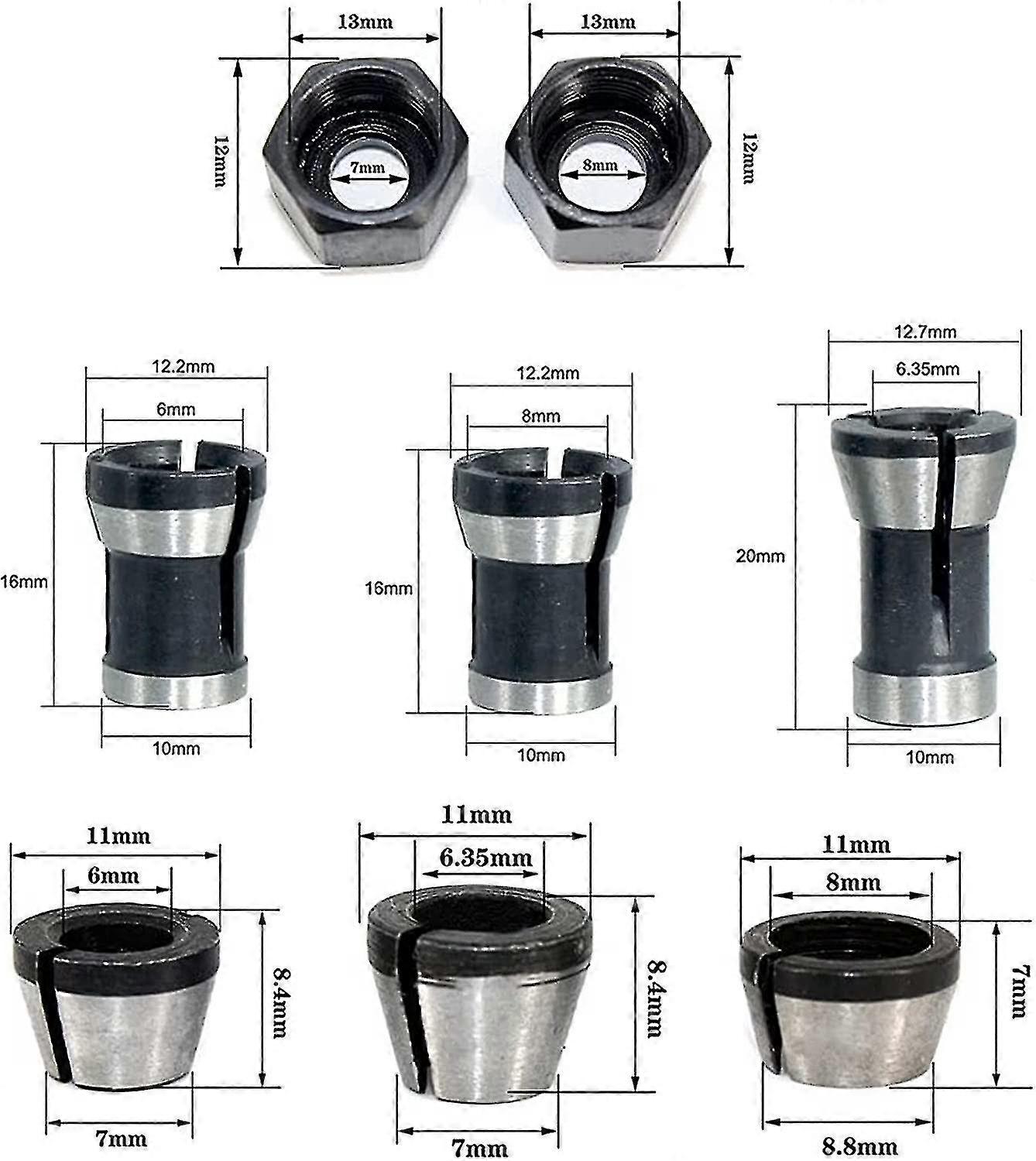 6pcs Milling Chuck, 6mm 6.35mm 8mm Collet Trimmer Chuck, Wood Router ...