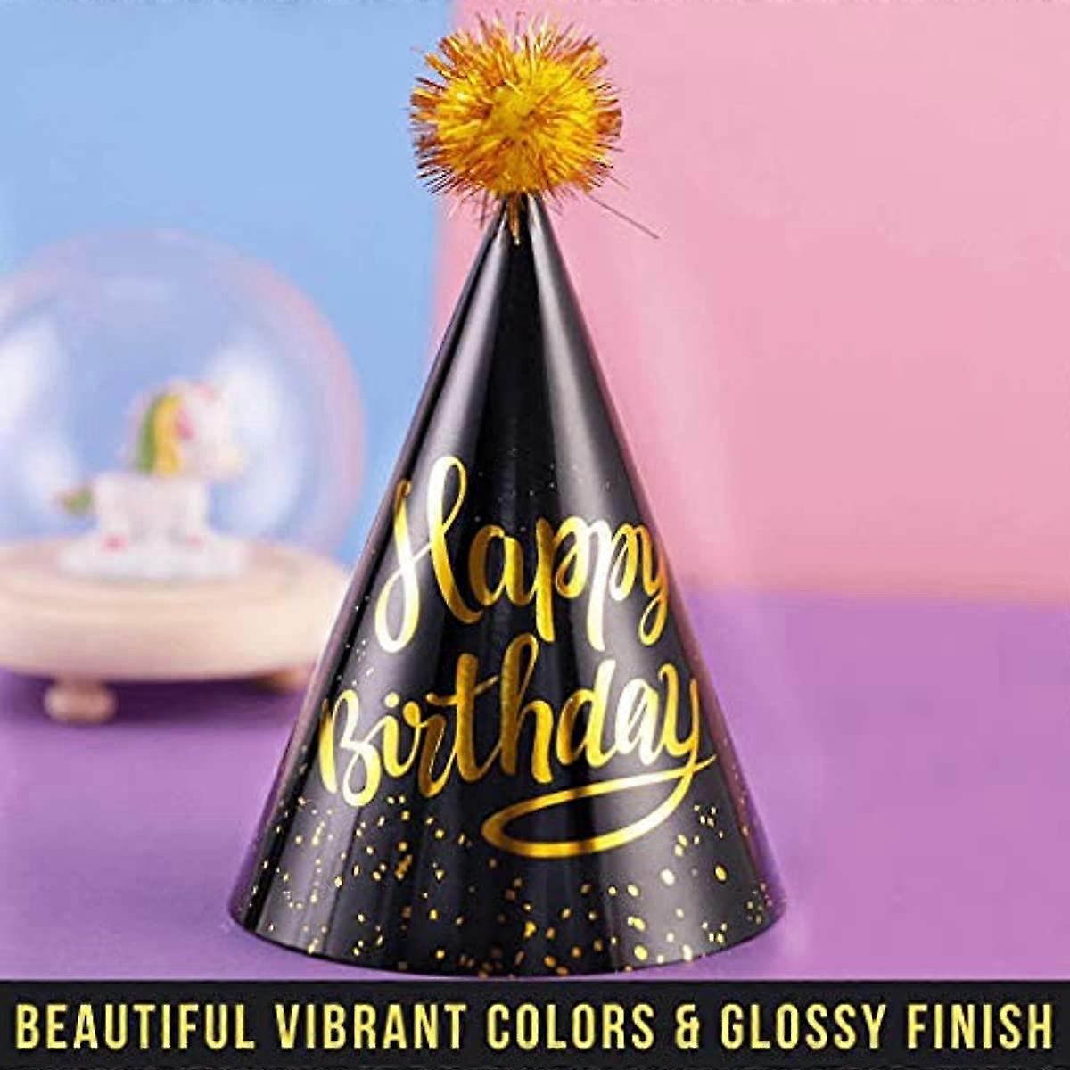 Birthday Party Hats - Fun Celebration Kit of 10 Black and Gold Happy ...