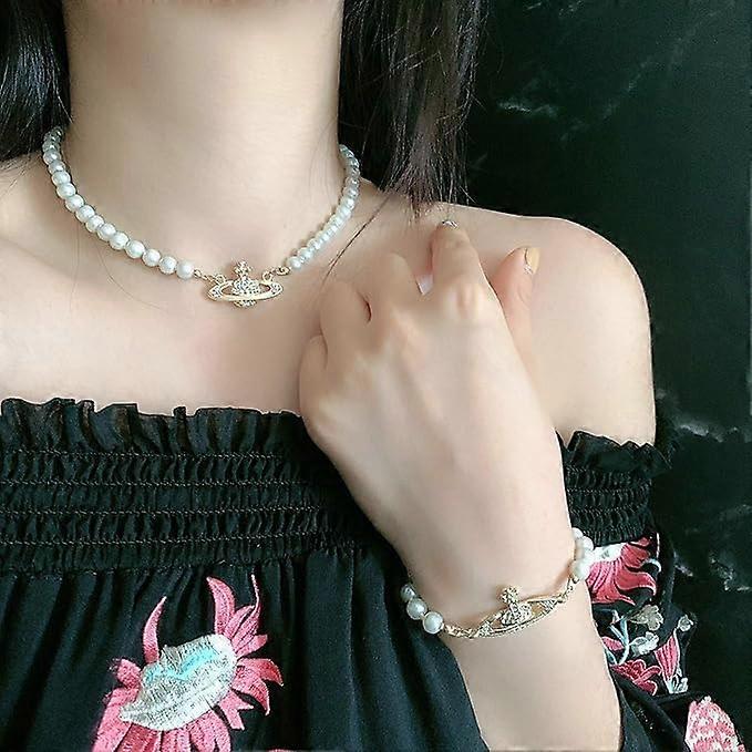 Planet pearl necklace crystal rhinestone Saturn planet necklace, white ...