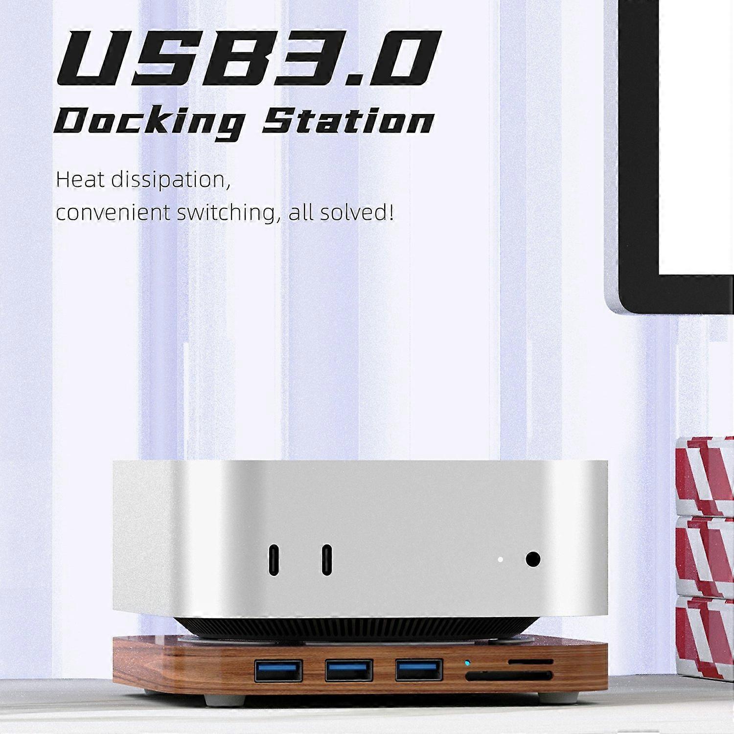 AJM4-H For Mac Mini M4/M4 Pro Wooden Expansion Dock USB 3.0 Hub Stand ...