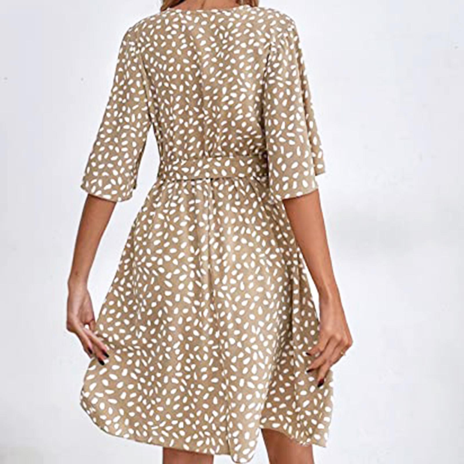Women's Short Sleeve V Neck High Waist Dress Tie Waist A Line Summer ...
