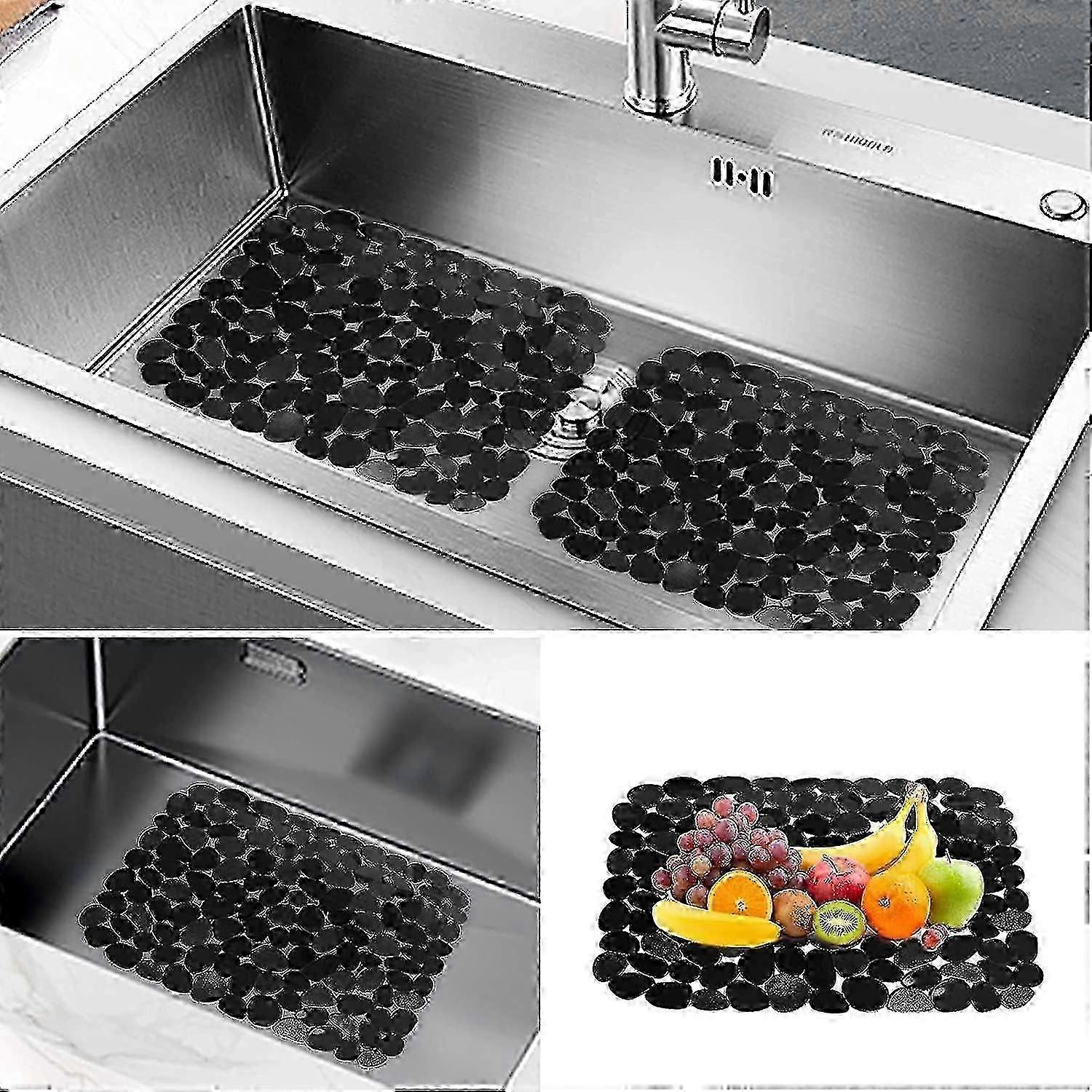 Kitchen Sink Mat, 2 Adjustable Sink Protector Mats, Black Stainless ...