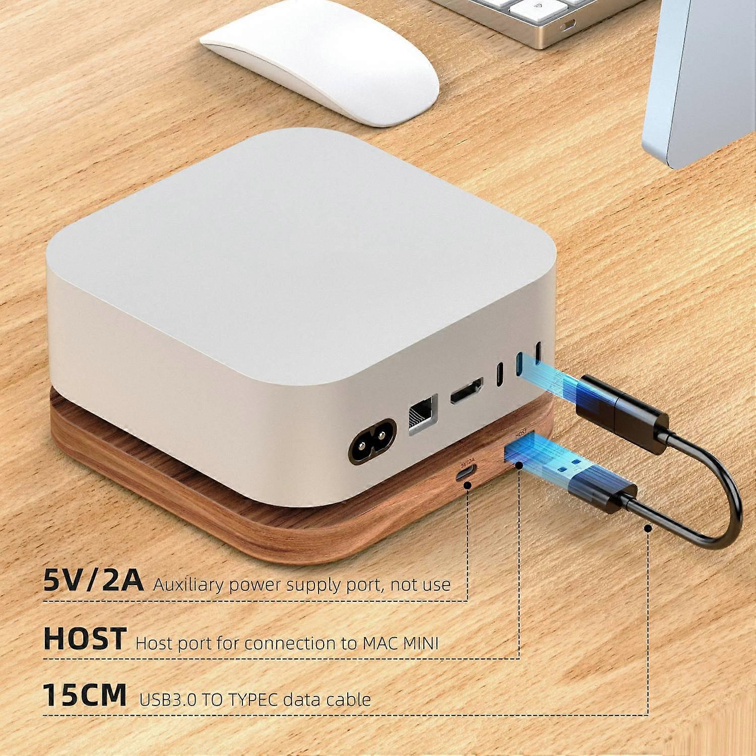 AJM4-H For Mac Mini M4/M4 Pro Wooden Expansion Dock USB 3.0 Hub Stand ...