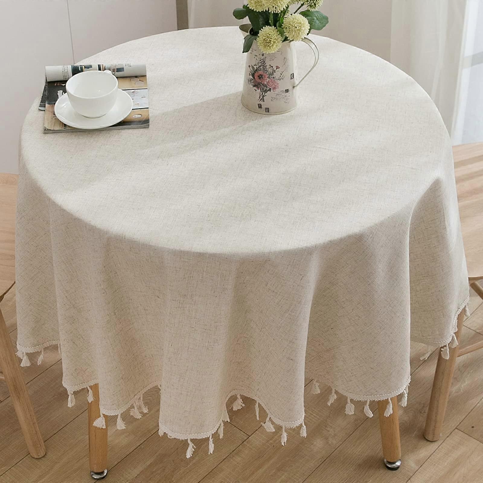 Round Tablecloth, Washable Linen Cotton Tablecloth Wrinkle-Free Tassel ...