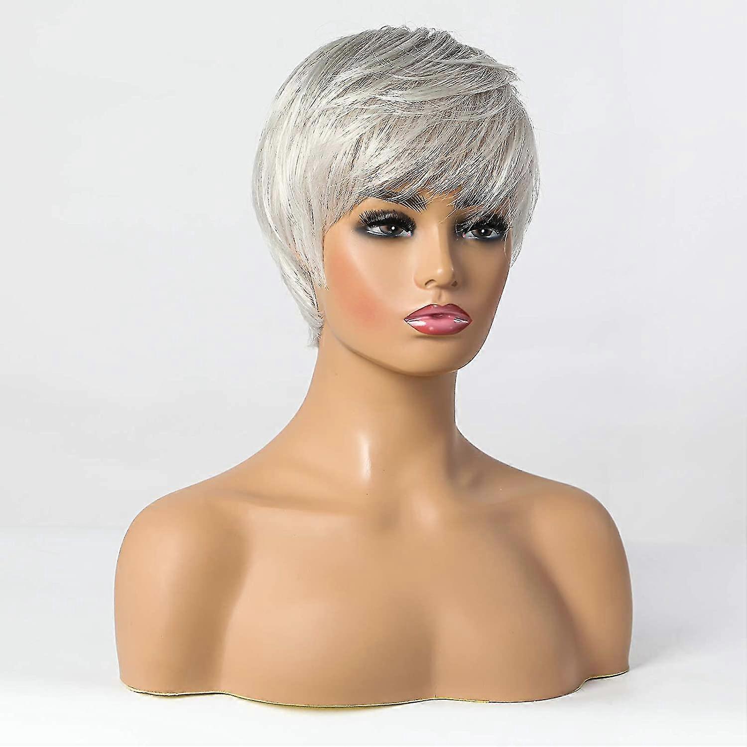 Short Silver Grey Human Hair Blend Wigs For Women,natural Hair Pixie ...