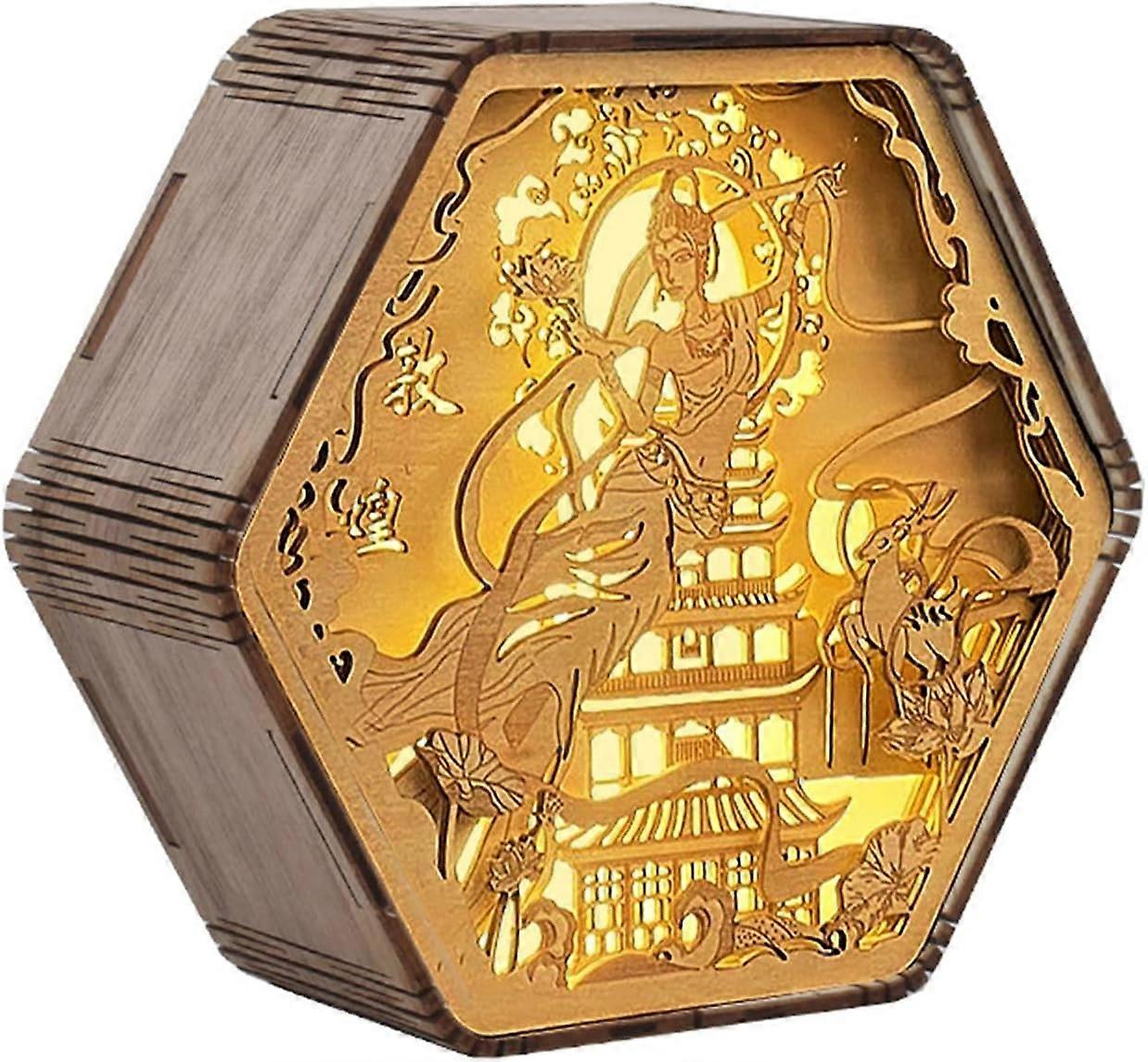 Wood Carving Lamp, Hexagon Creative Antiquity Crafts, 3D Stereoscopic ...