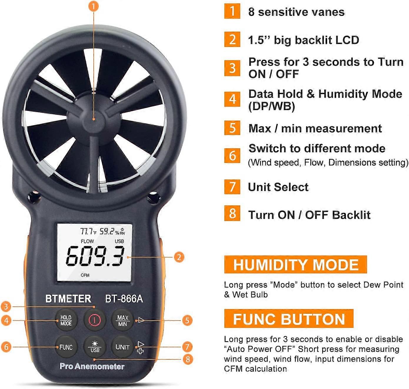 Nirvana Portable CFM Meter with Digital Anemometer BT-866A with USB ...