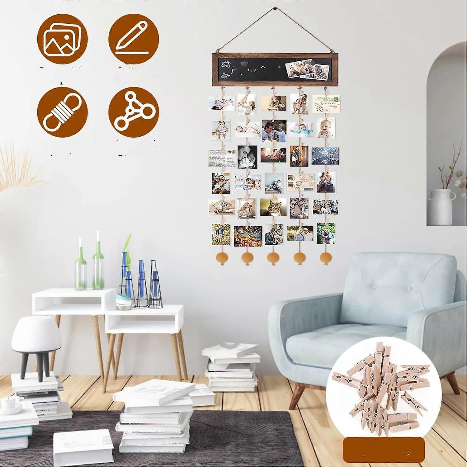 Wooden Hanging Photo Display Frame with 30 Clips, Writable Blackboard ...