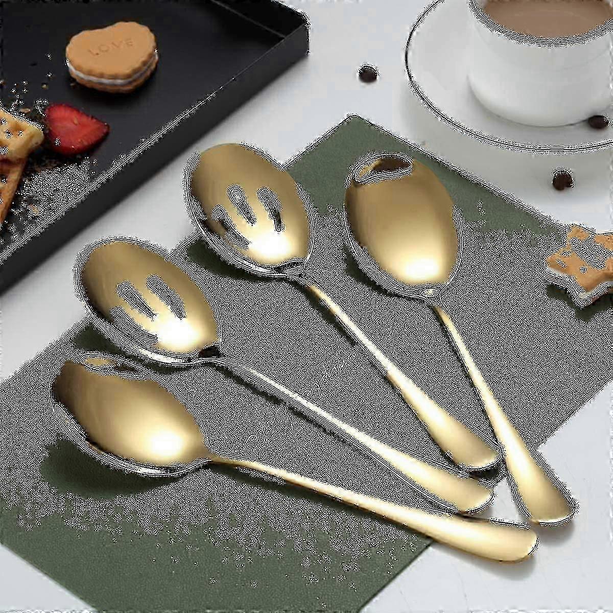Gold Serving Spoons 4 Pcs, Includ 2 Serving Spoons 2 Slotted Spoons ...