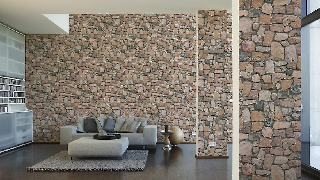 Sten tapet mursten effekt skifer rustik forvitret præget Beige Grey ...