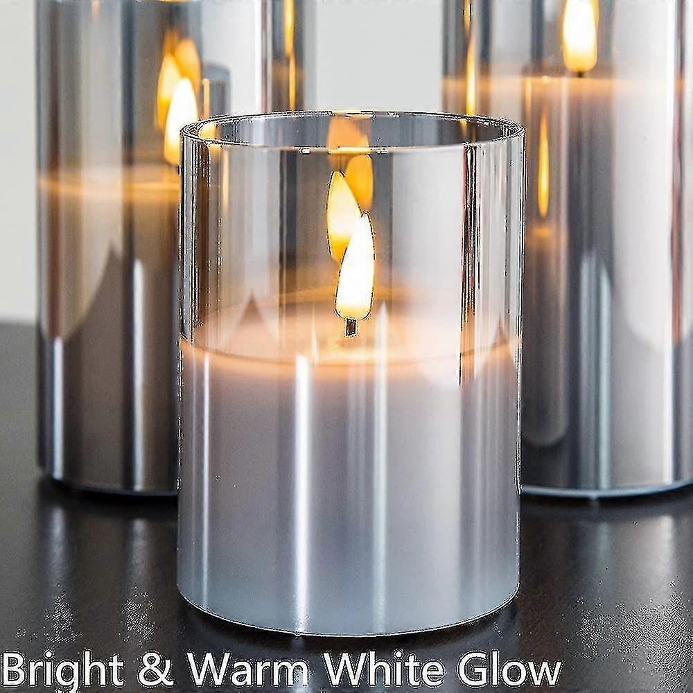 Silver Grey Glass Flameless Flickering Candles With Remote, 3 Pack ...