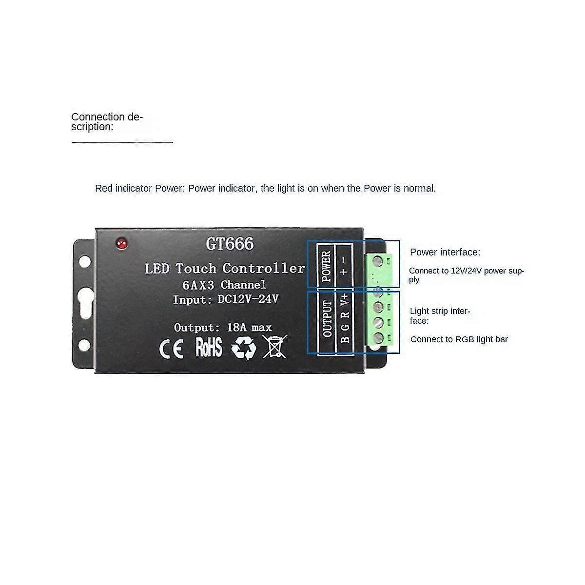 GT666 RGB LED Controller Wireless RF Touch Remote DC 12V 24V 18A 3 ...