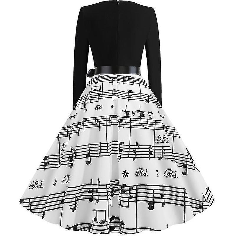 Women Musical Note V-neck Swing A-line Dress Long Sleeve Retro Fancy ...