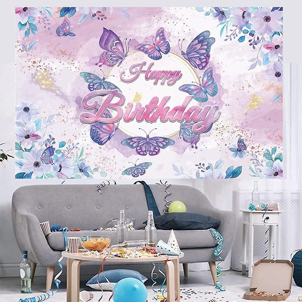 Purple Butterfly Happy Birthday Backdrop Banner Decor Sweet Baby Girls Princess Floral ...