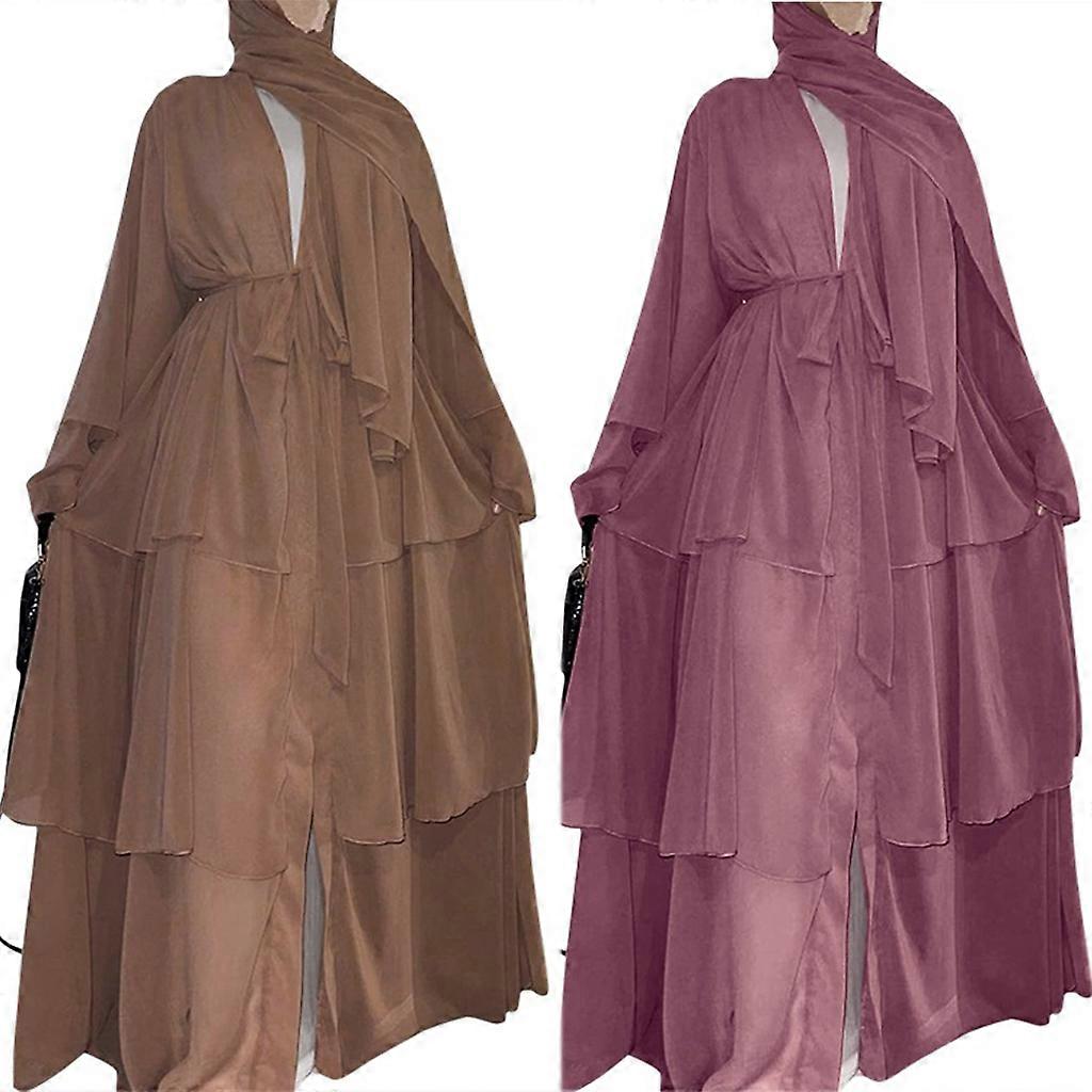 Women Muslim Long Sleeve 3 Tiered Flowy Maxi Dress Chiffon Layered ...