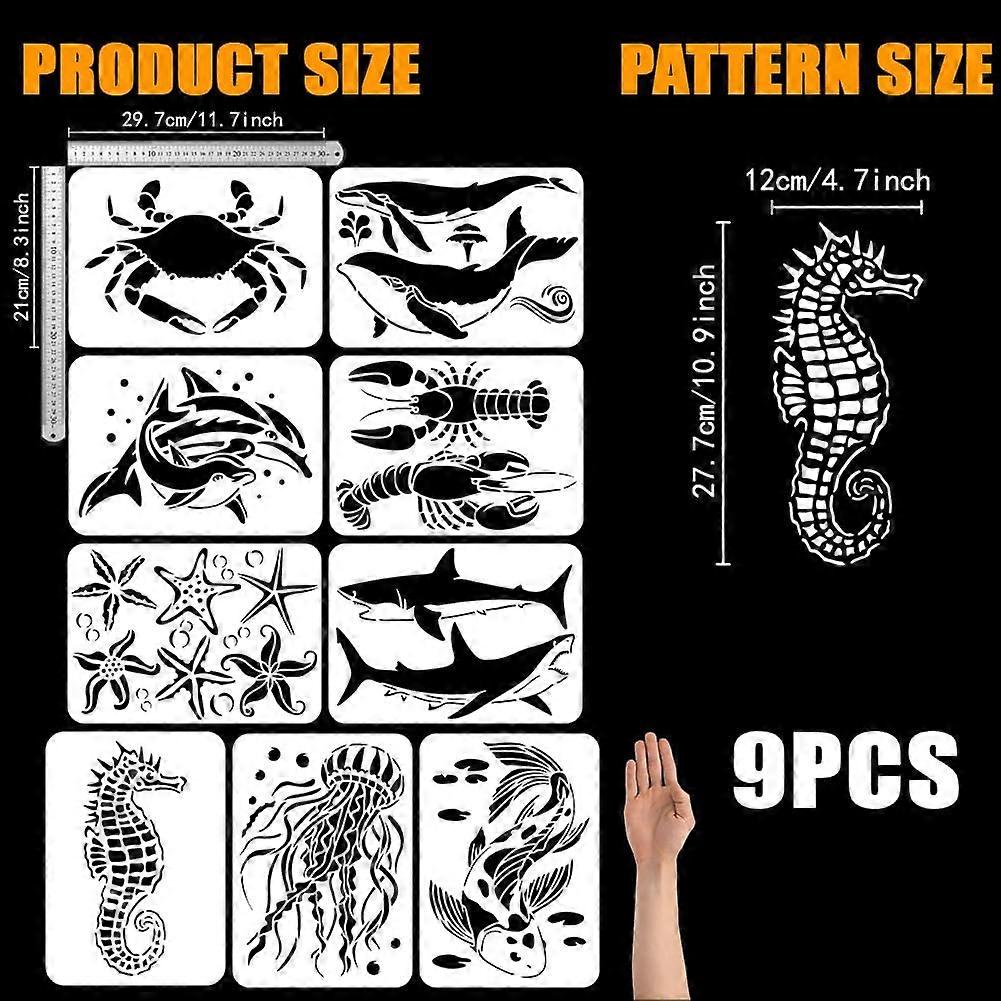 9 pcs Aquatic Creatures Painting Stencil 8.3x11.7inch Seahorse ...