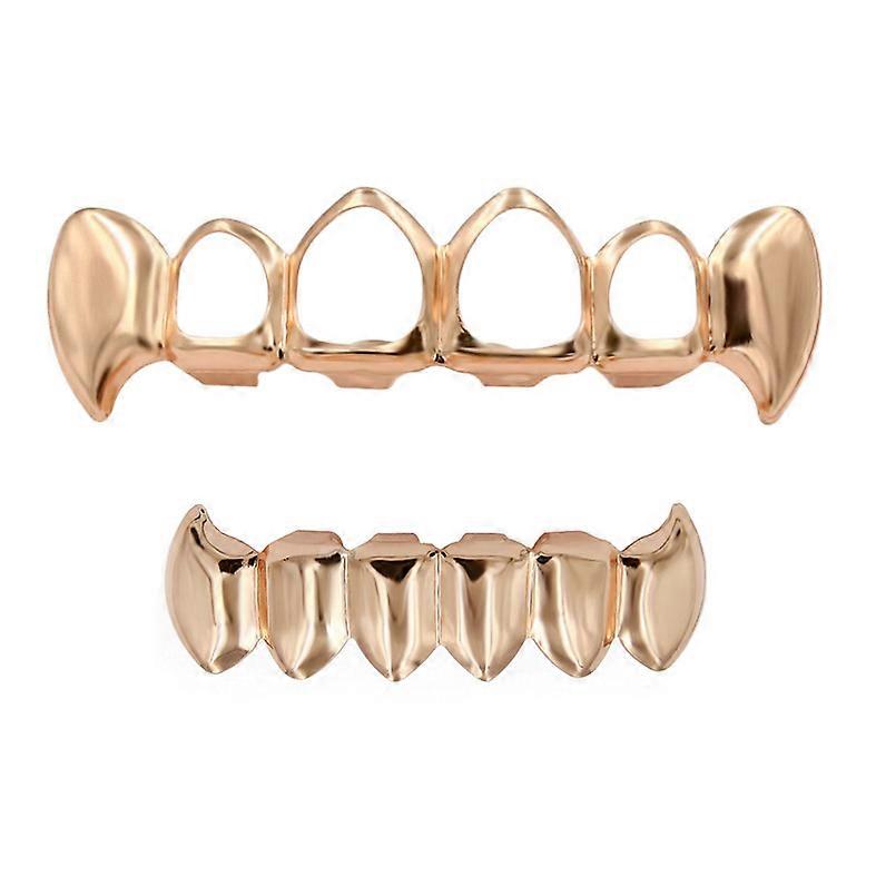 Gold Color Plated Hip Hop Teeth Hollow Fang Top & Solid Fangs Bottom Grillz Set Vampire Grills ...