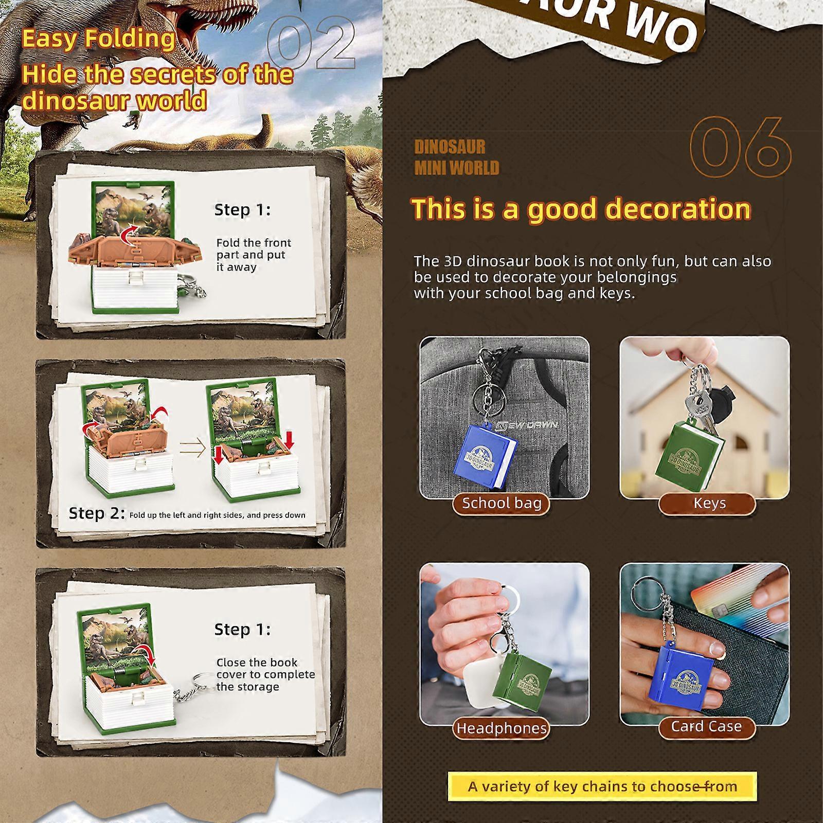 Green Dinosaur 3D Book Keychain with Hand Strap, Mini Pops-up Keychain ...