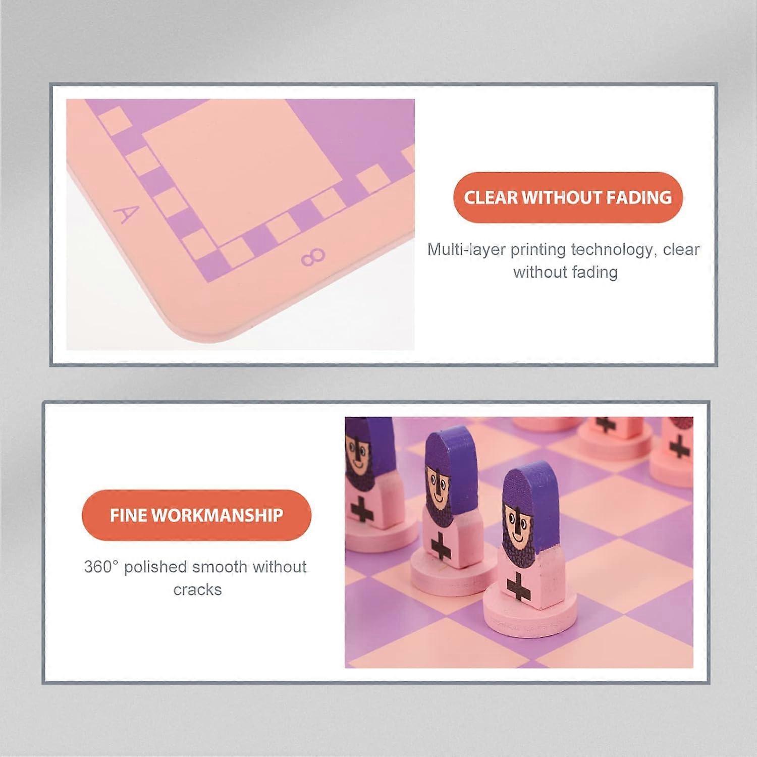 Wooden Chess Set, 11.8 inch Cartoon Travel Chess Set Pink Chess Board Game Set with Cute Chess ...