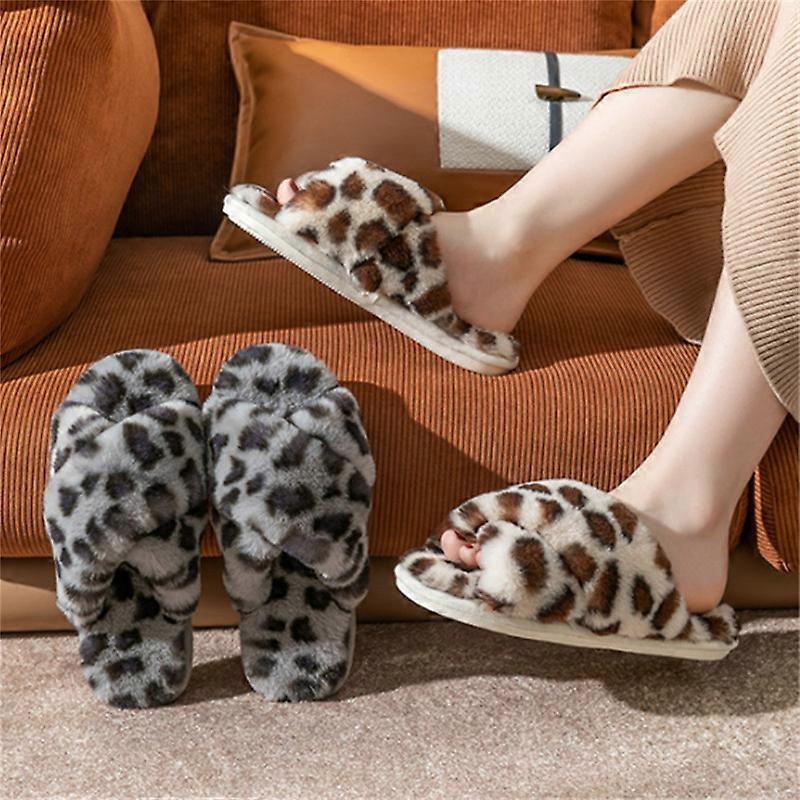 Kvinder Fuzzy Memory Foam Slippers - Cross Band Cozy Plys Home Slippers Fluffy Furry Open Toe ...