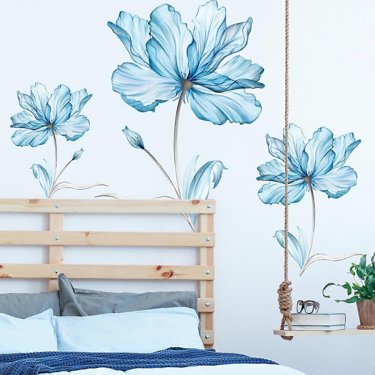 Blue Flowers Wall Sticker Large Flowers Plants Wall Sticker Removable ...