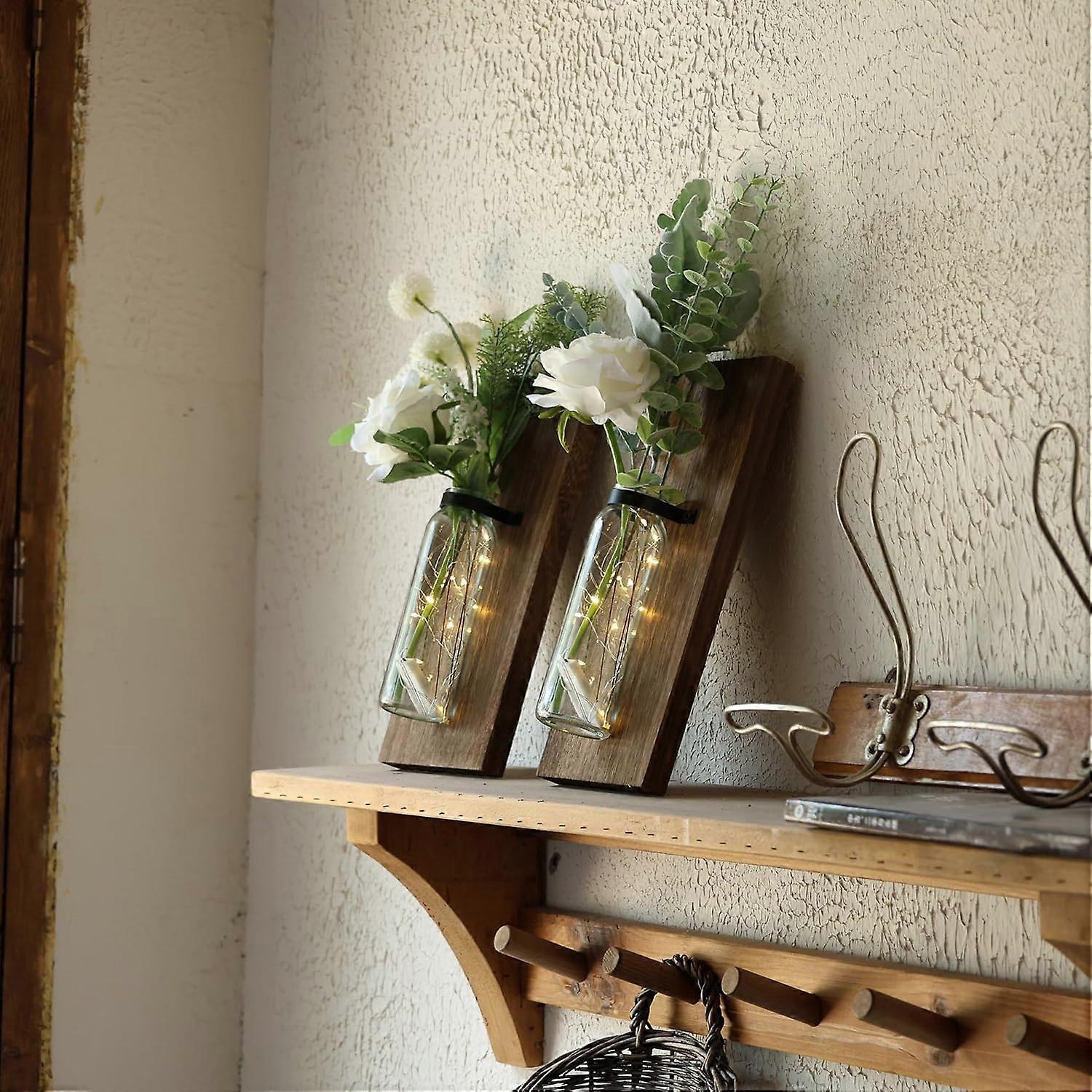 2-Pack Wood Wall Sconces: Rustic Decor with Glass Vases for Indoor ...