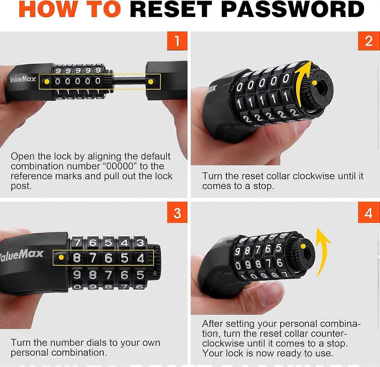 Bike Chain Lock, 8mm*1m Heavy Duty Chain Lock with 5-Digit Resettable ...