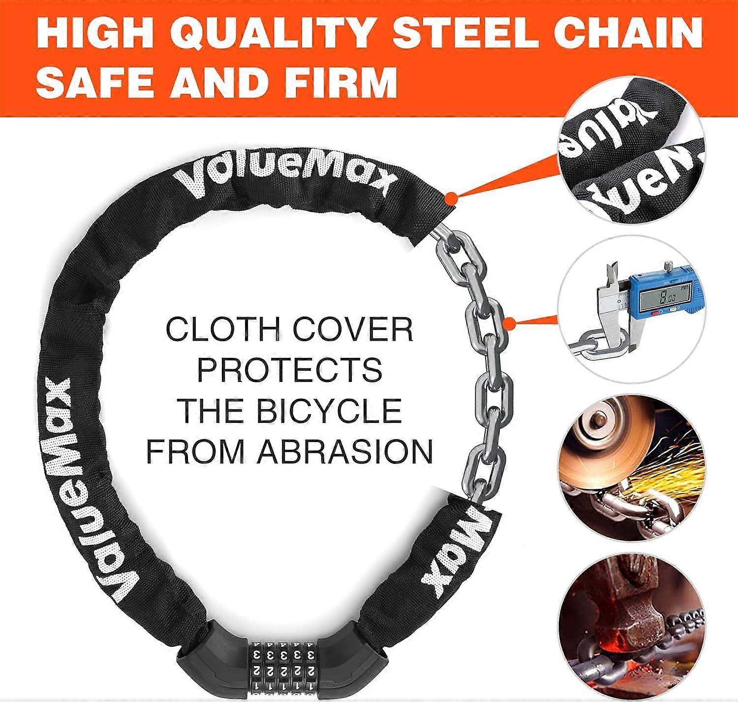 Bike Chain Lock, 8mm*1m Heavy Duty Chain Lock with 5-Digit Resettable ...