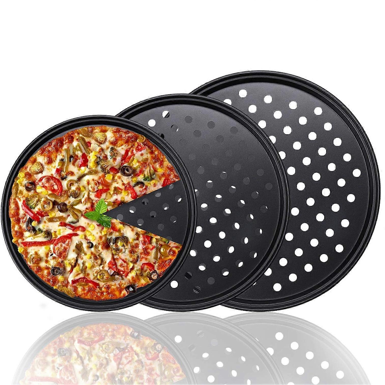 3Pcs Round Pizza Baking Tray Non-Stick with Perforated Holes - 24cm ...