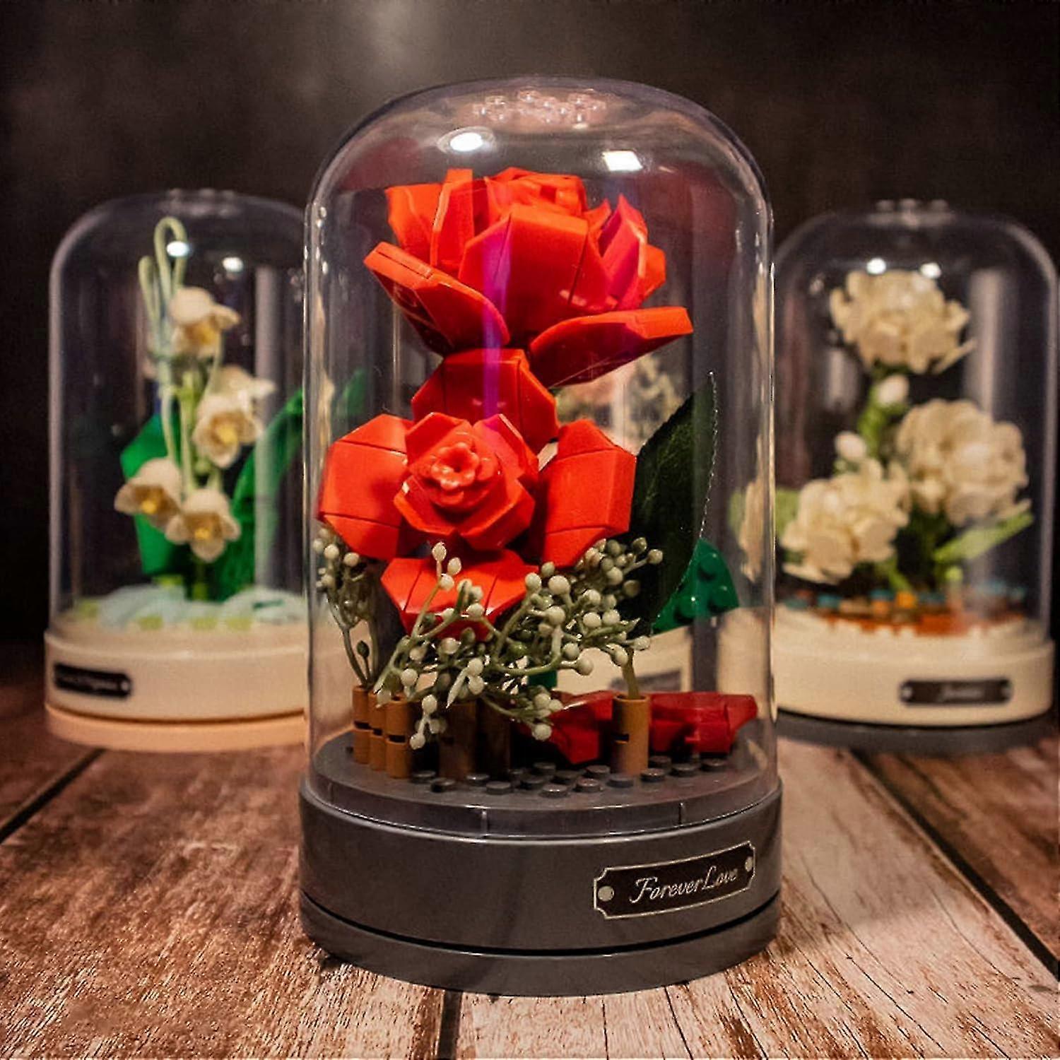 Building Blocks Flowers Bouquet Set With Music Box And Dust-proof Dome ...