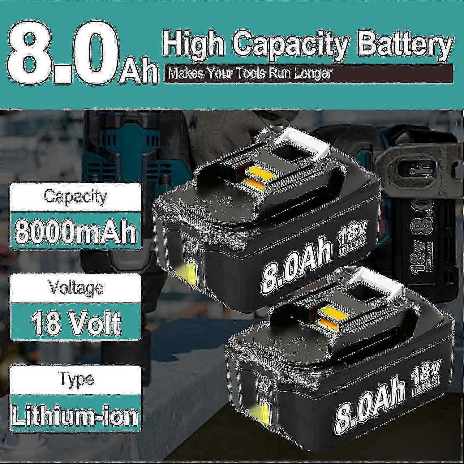 2 Pack 8.0Ah BL1860B 18V Battery Replacement for Makita 18V BL1860 Cordless Tools Lithium Ion ...