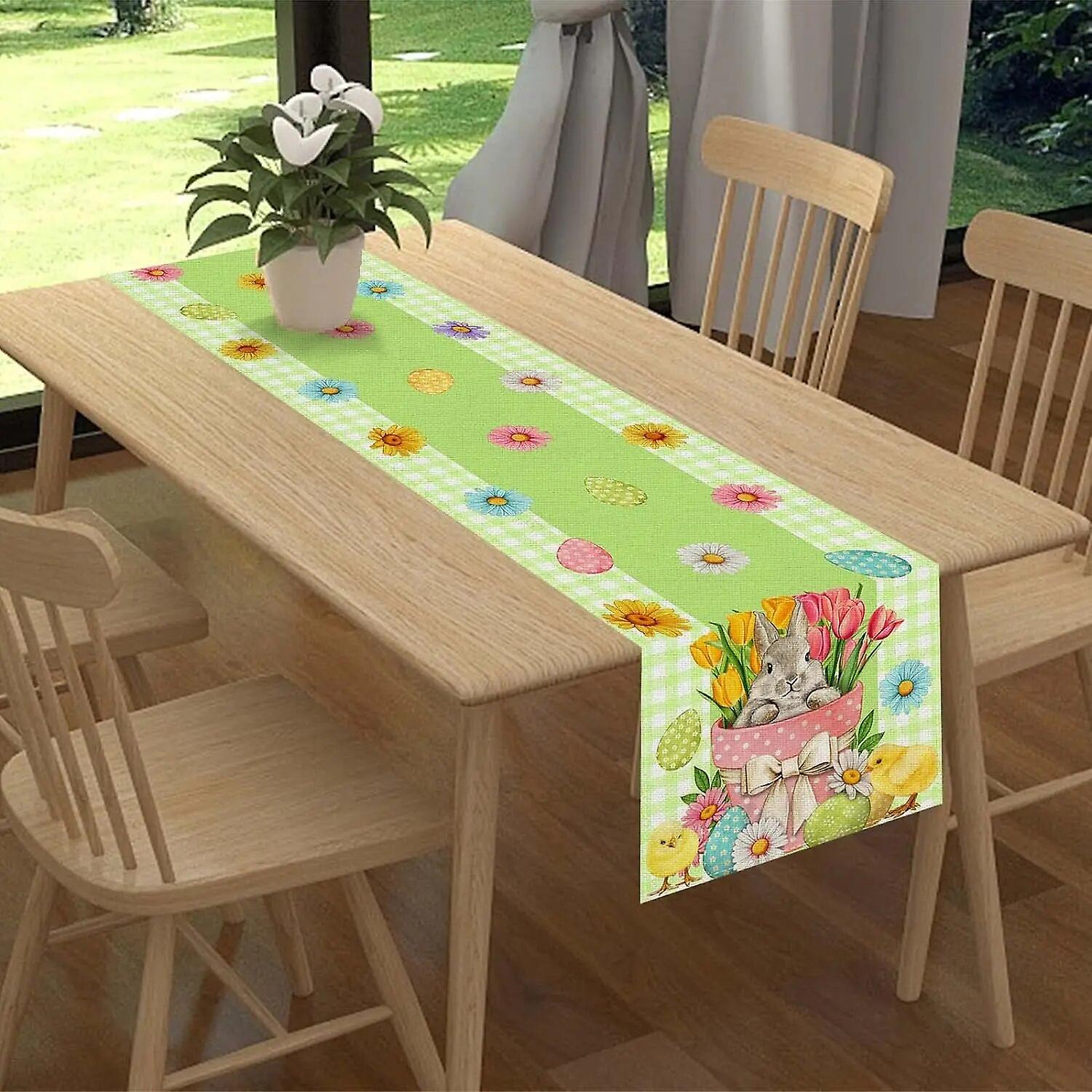 Easter Eggs Bunny Chick Daisy Tulip Floral Linen Table Runner Green and ...
