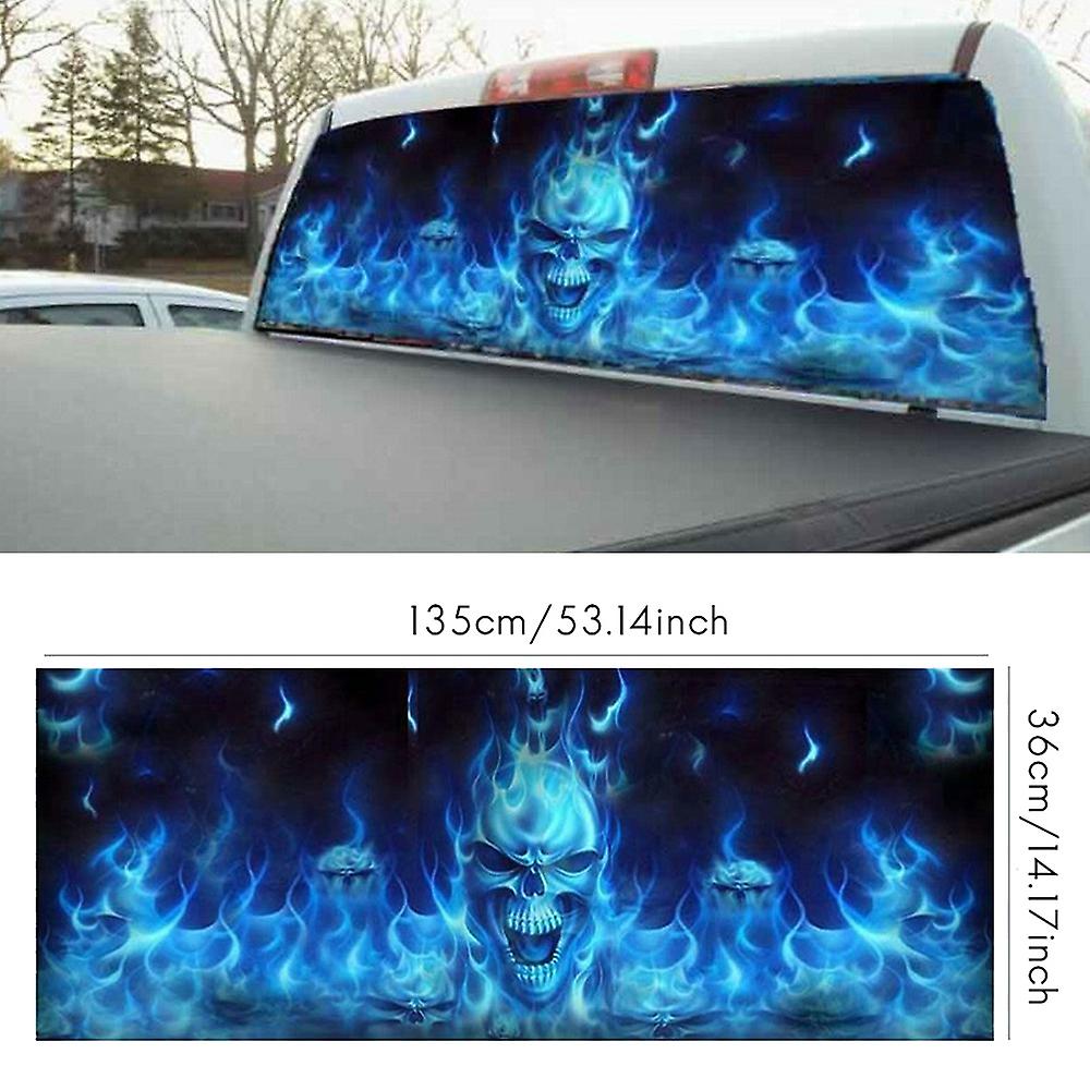 One Way Vision for Truck Suv Pickup Blue Flaming Skull 3D Rear ...
