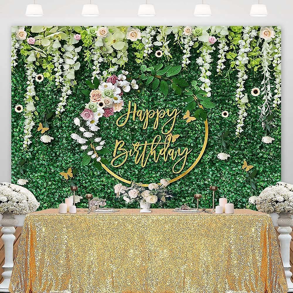 Happy Birthday Backdrop Green Grass And Flowers Wreath Photography ...
