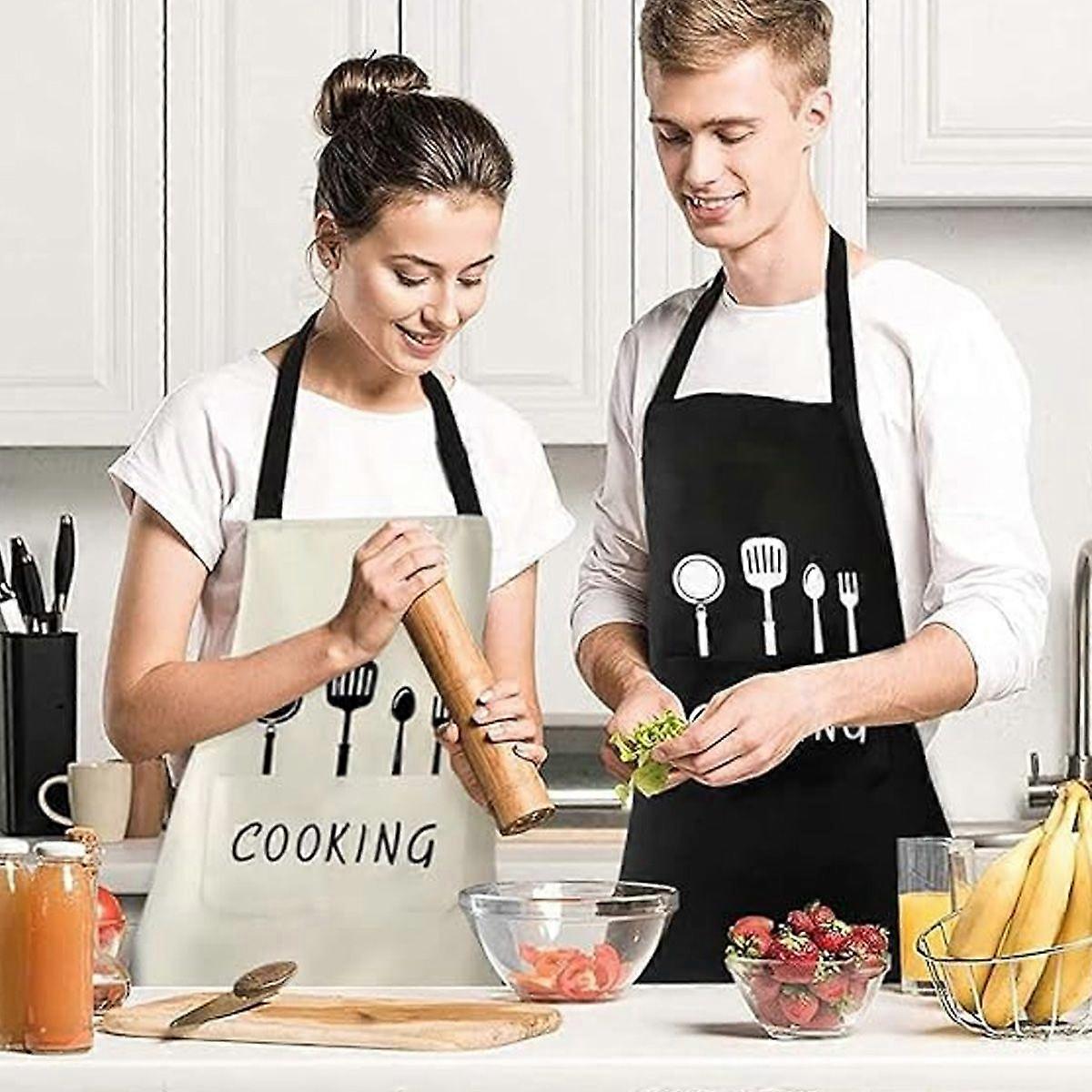 2 pieces black kitchen beige, man woman apron with 2 pockets, chef ...