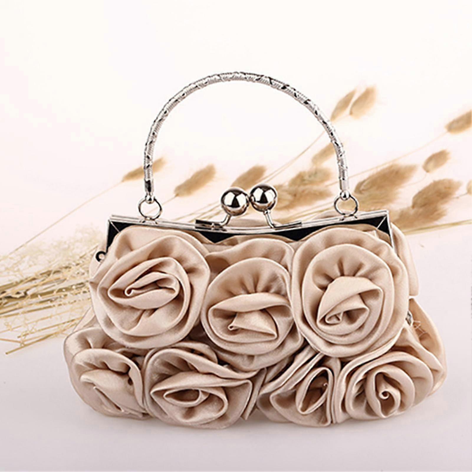 Women Fashion Rose Flower Pattern Faux Silk Handbag Bridal Clutch Bag ...