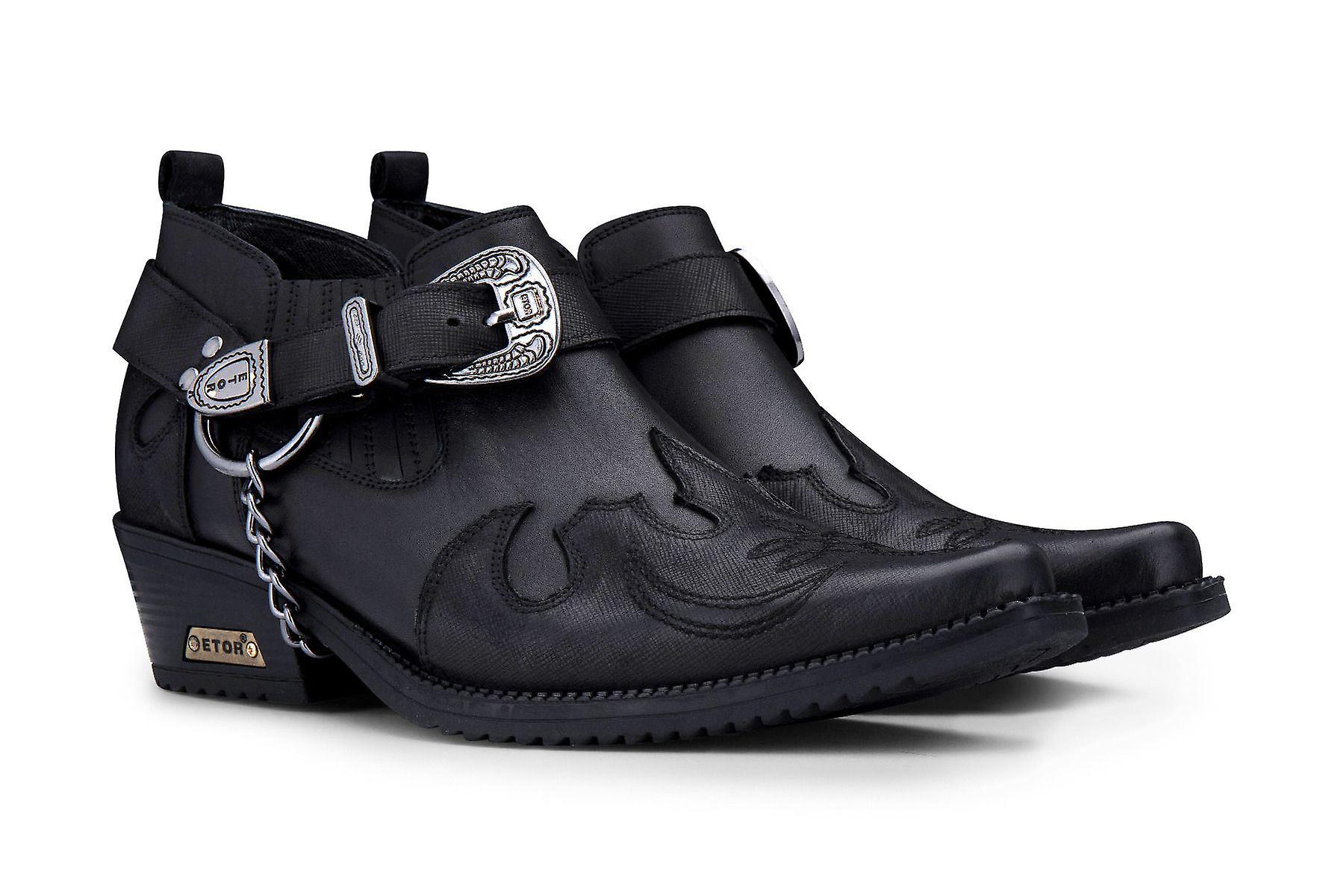 Men's Black Leather Cuban Metal Chain Cowboy Shoes | Fruugo UK