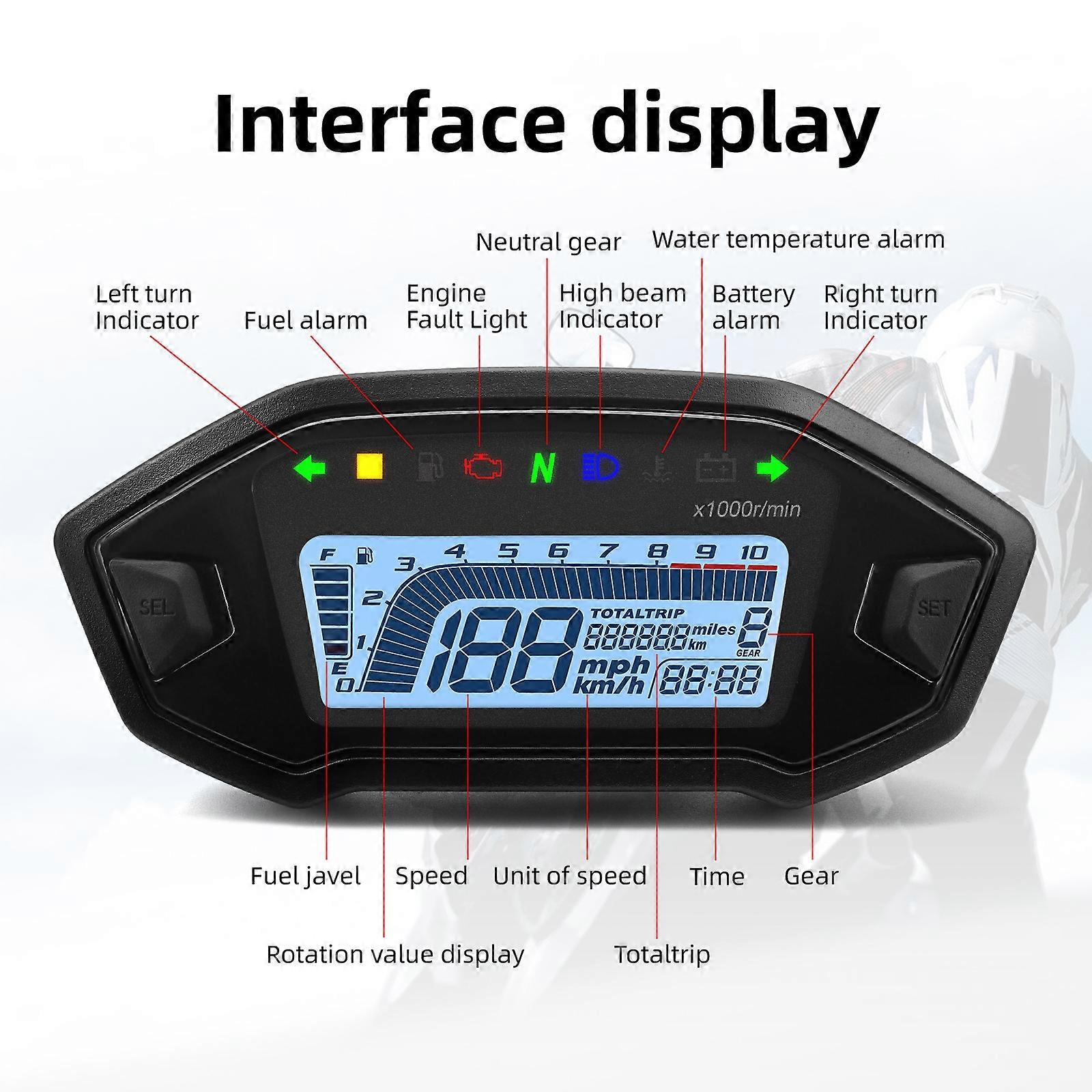 Universal Motorcycle Speedometer Fuel Gauge Moto Dashboard 7 Colors Backlight LCD Odometer ...