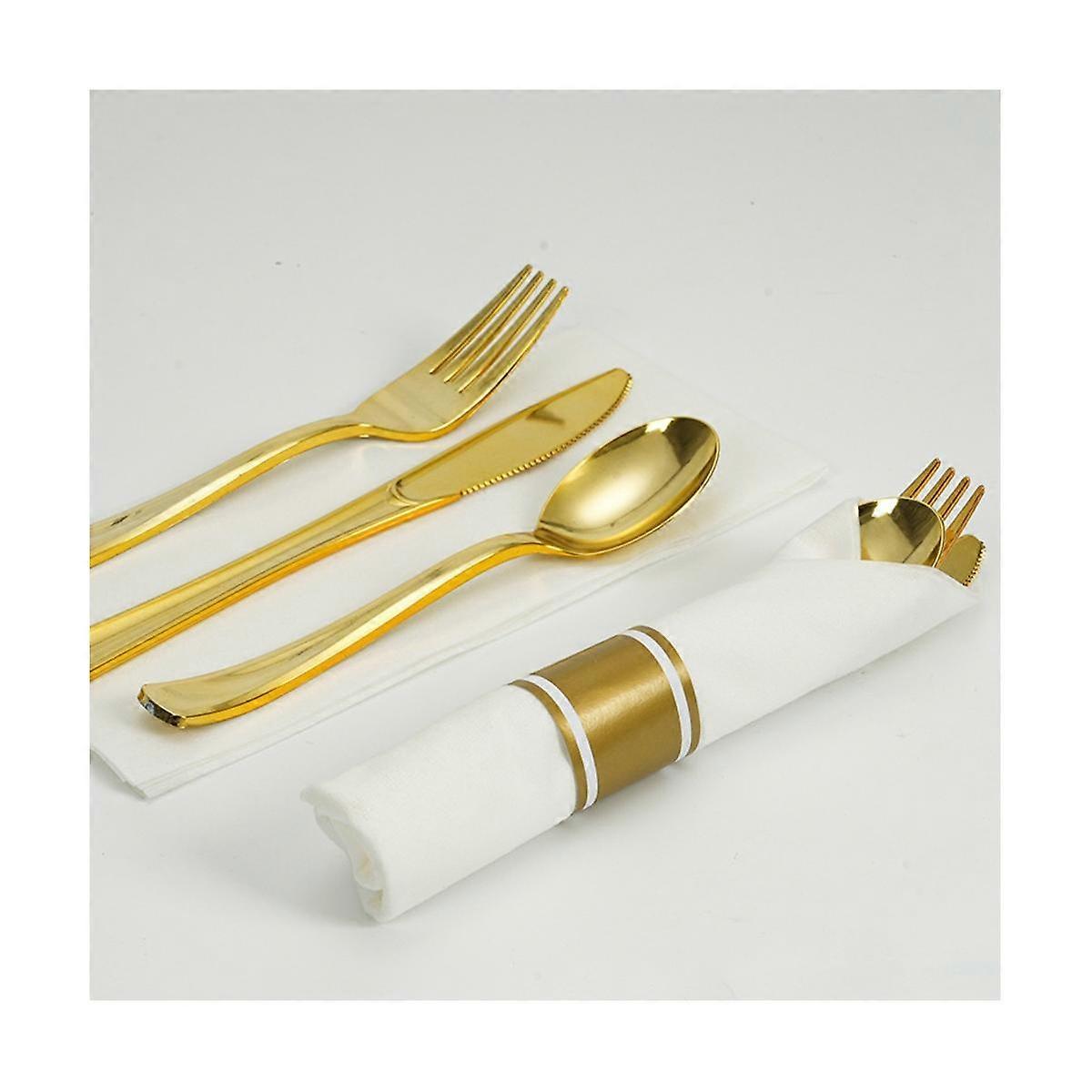 25 Pre Rolled Gold Plastic Silverware - Wrapped Disposable Silverware ...