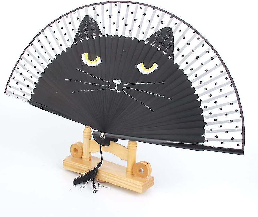 Women Cartoon Cat Folding Silk Fan Handheld Fan (black1pc) | Fruugo SE