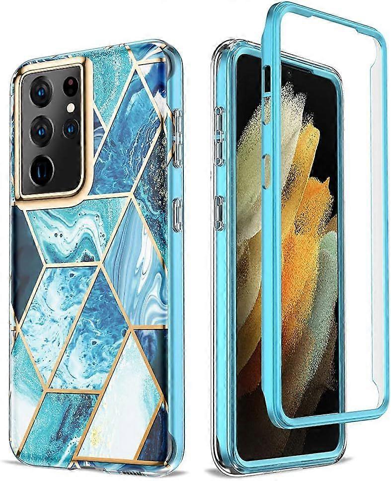 Case for Samsung Galaxy S21 Ultra, Blue 360 Degree Clear Full Body Case Glitter Marble Anti ...