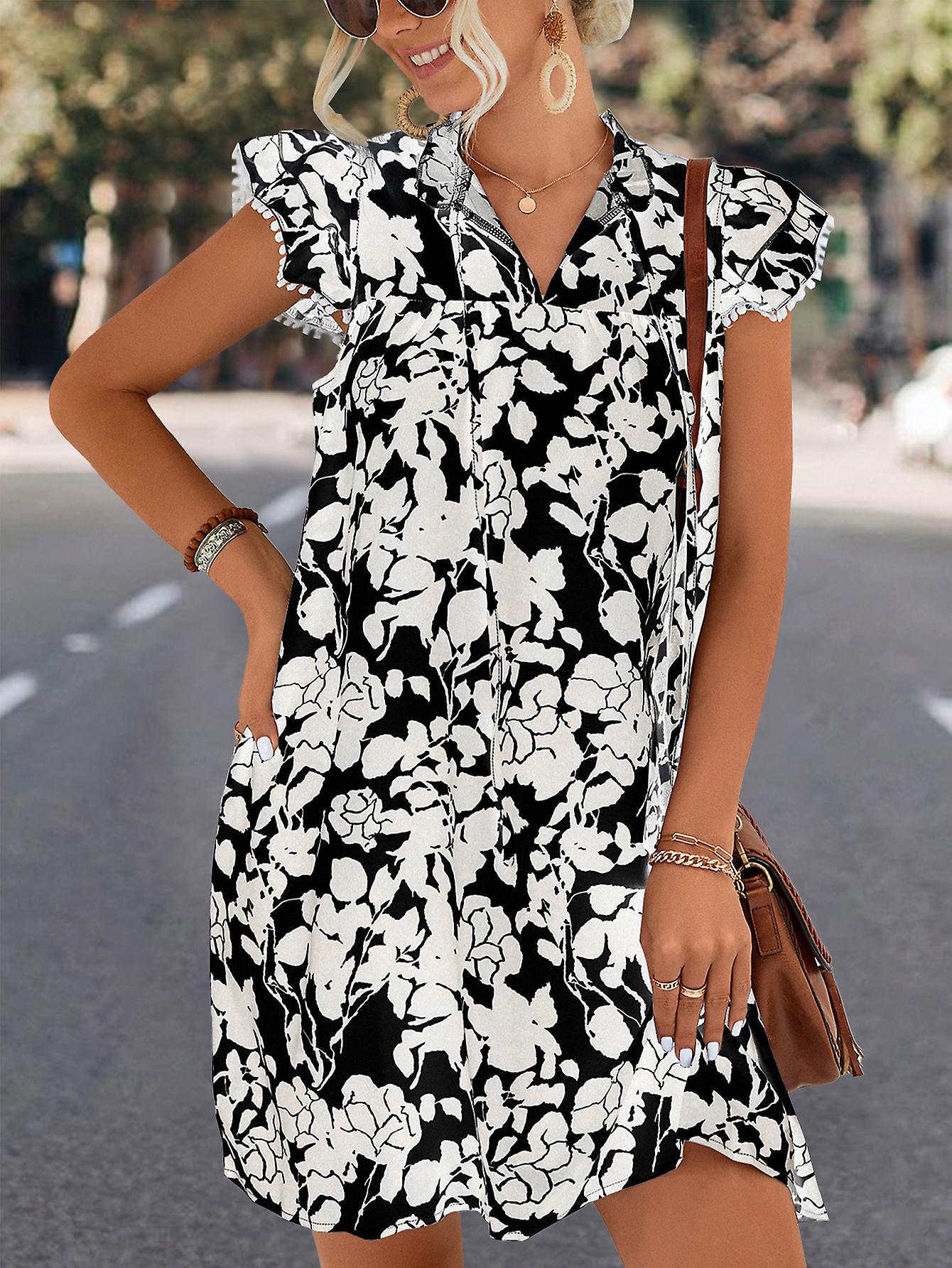 Floral Mini Daily Outing Dress Tie V Neck Short Fly Sleeves | Fruugo CA