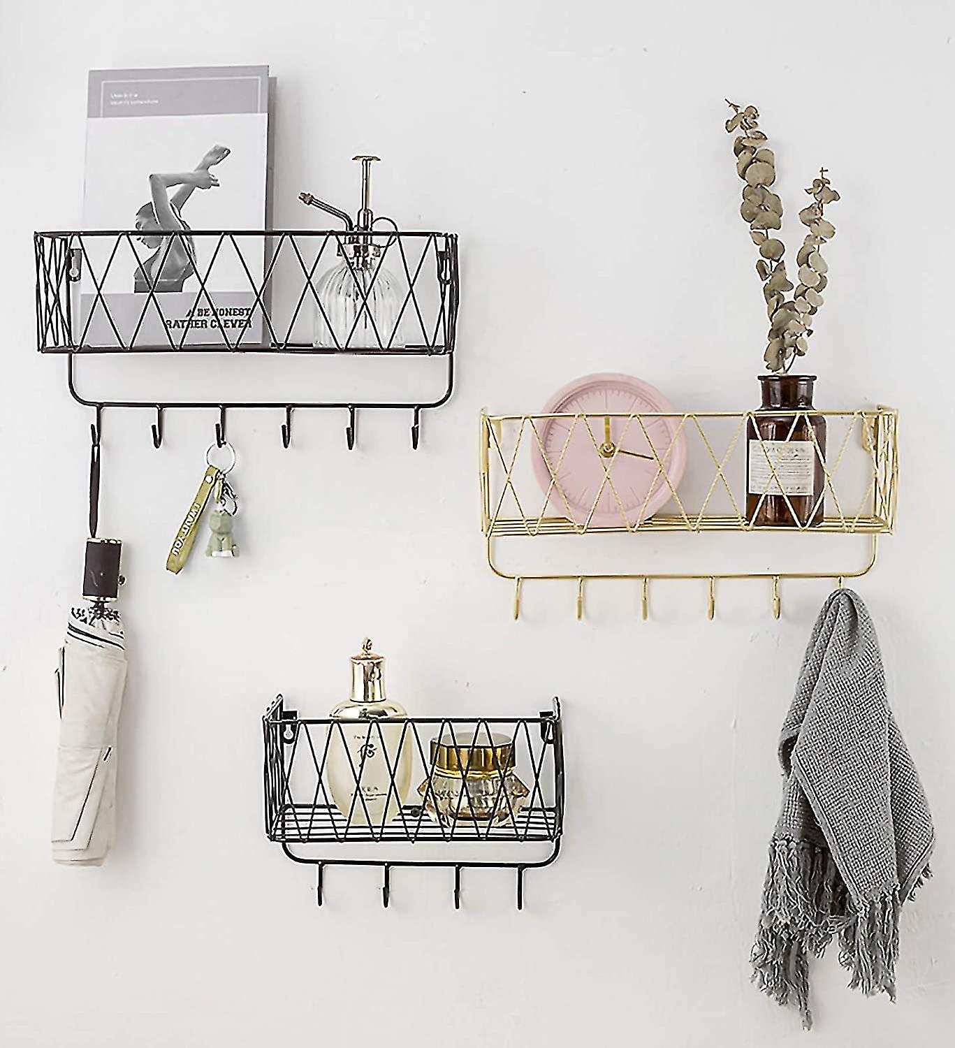 Wall Shelf Floating Shelf With Metal Grid, Wall Shelf With Hooks, Towel ...