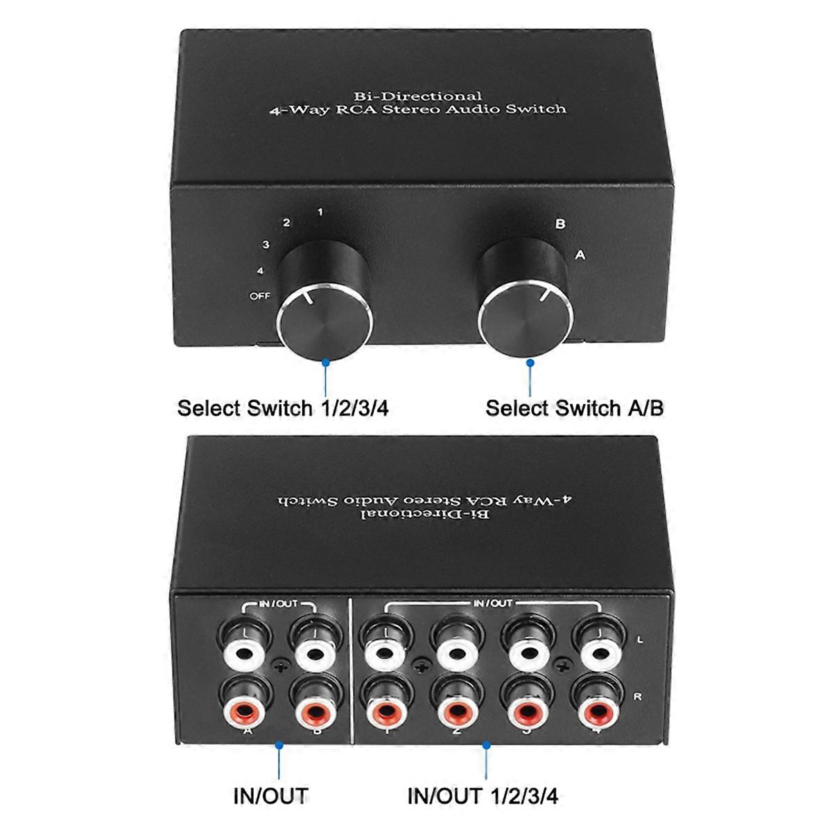 4 Way Bi-Directional RCA Stereo Audio Switch 2 in 4 Out or 4 in 2 Out L ...