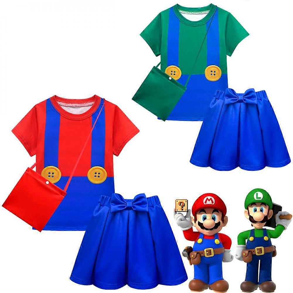 Mario Cosplay Suit, Super Mary Suit, Girls Short Sleeve Pleated Skirt ...