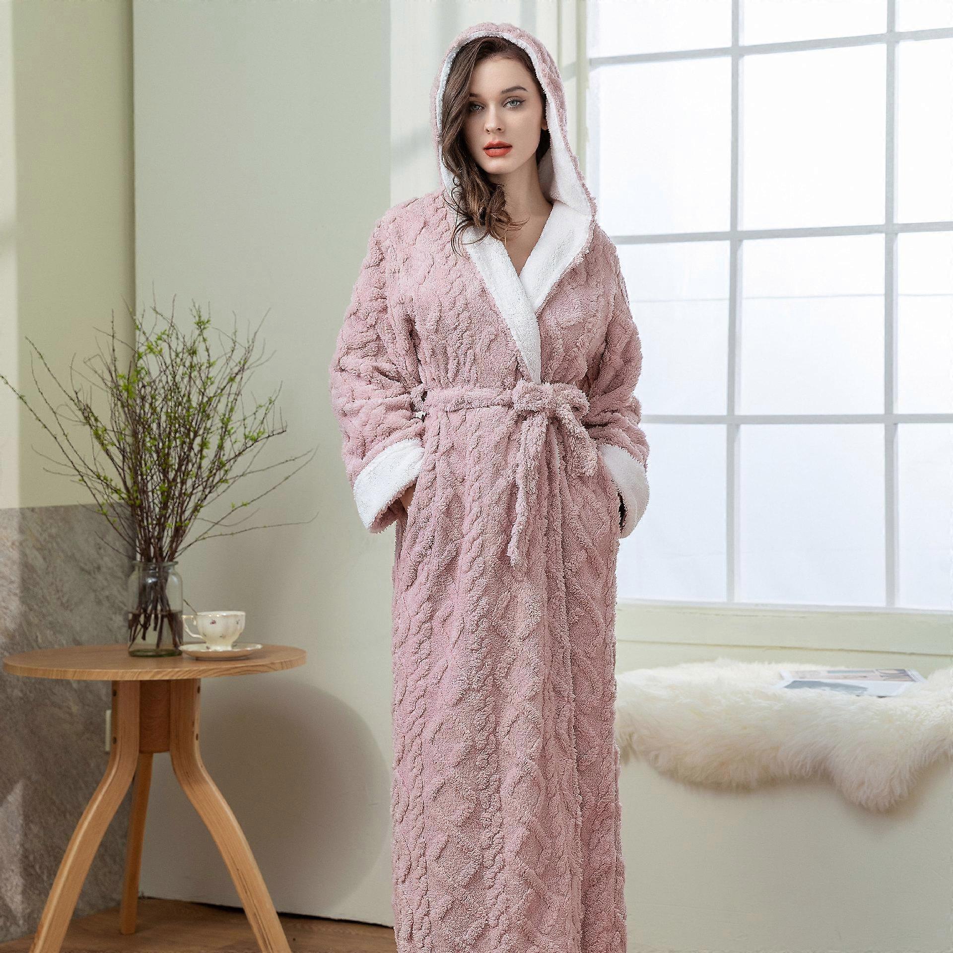 Loose Long Thick Bath Robe Hooded Winter Thick Women Bathrobe Flannel Terry Warm Comfortable ...