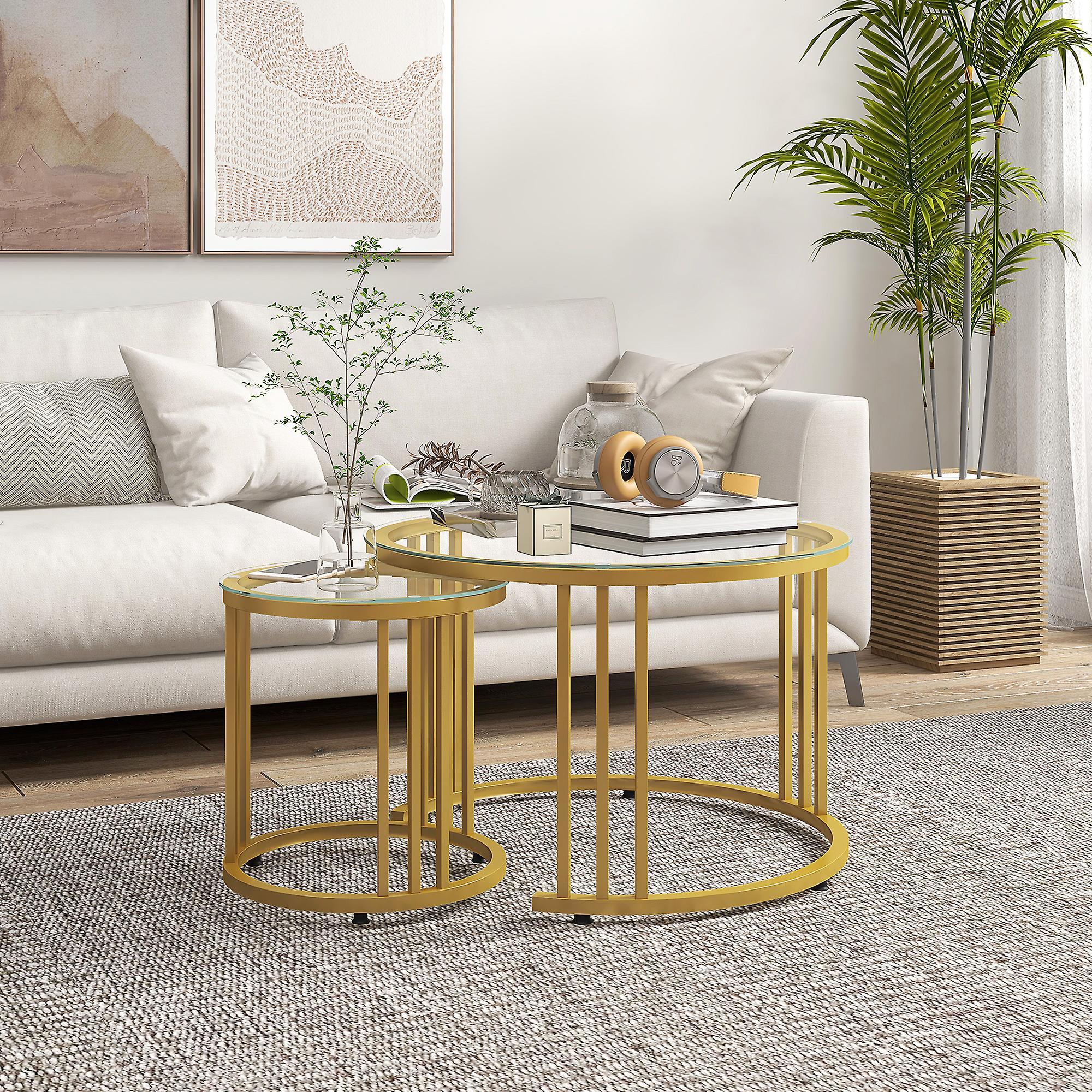 HOMCOM 2 Pieces Round Nesting Coffee Tables with Tempered Glass Top ...